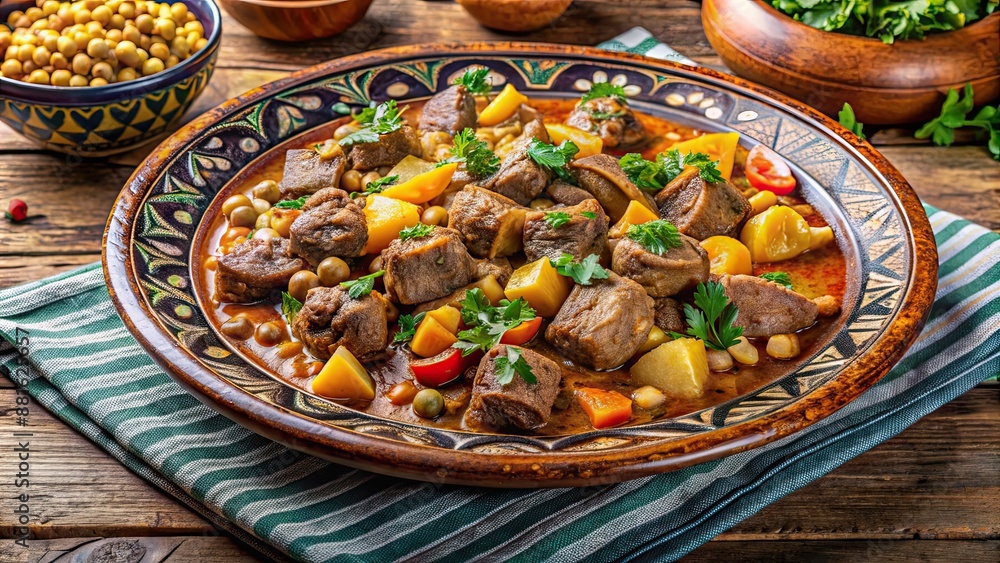 Traditional Libyan Bazin dish with tender lamb stew, served in a large ...