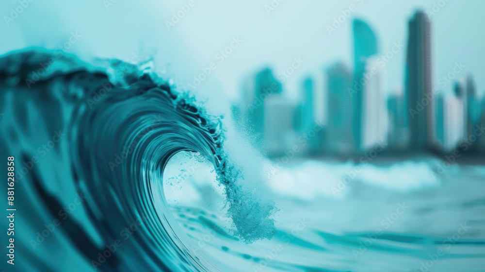 Massive wave crashes over a bustling city, enveloping skyscrapers ...