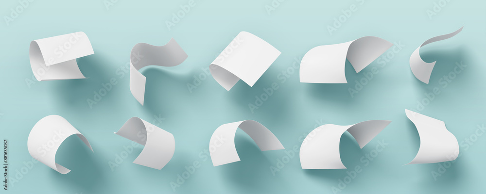 3d white paper sheet flying in air isolated render icon set. Fall ...