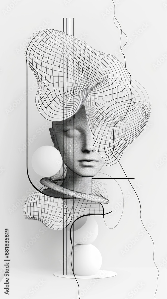 Abstract artwork featuring a face surrounded by wireframe geometrical ...