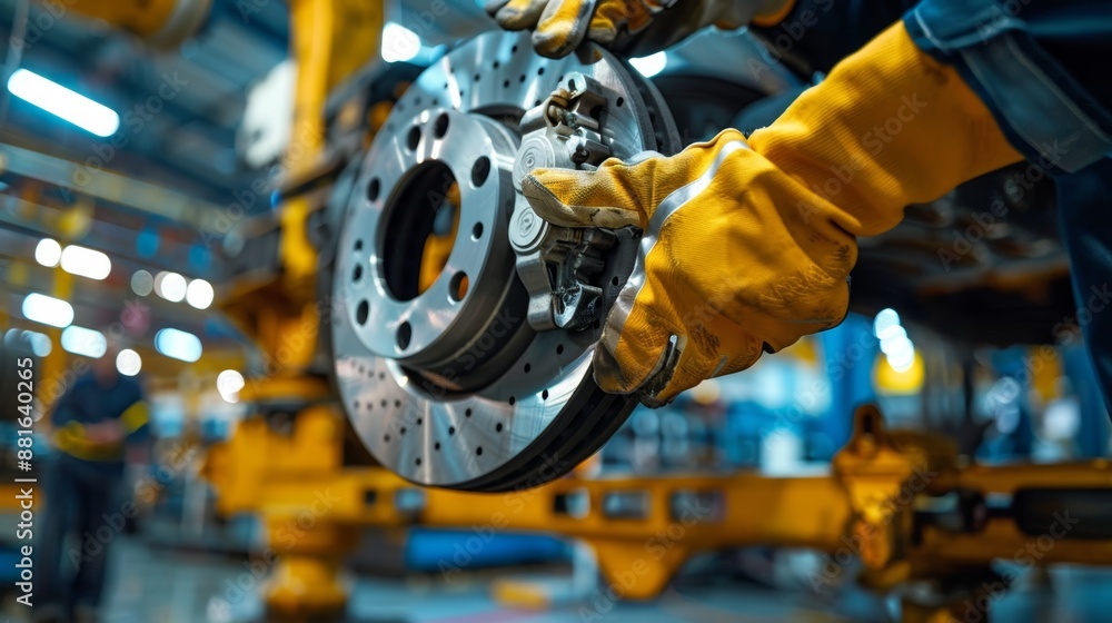 Car mechanic changing wheel in auto repair shop. repairing a car brake ...