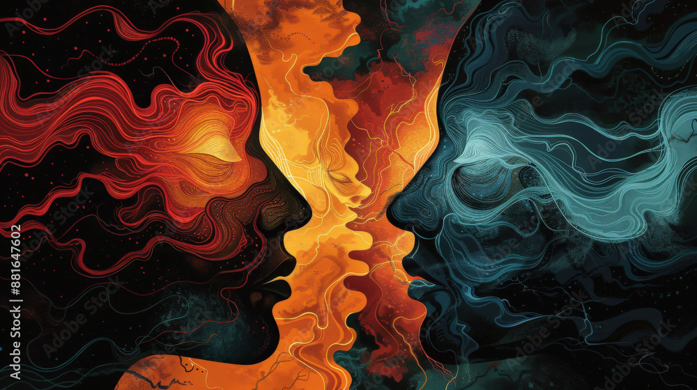 illustration with two overlapping yet distinct color schemes or scenes ...