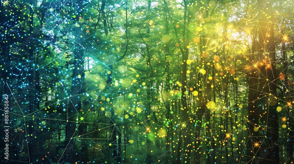 A vibrant forest with an overlay of CO2 and O2 molecules, highlighting ...