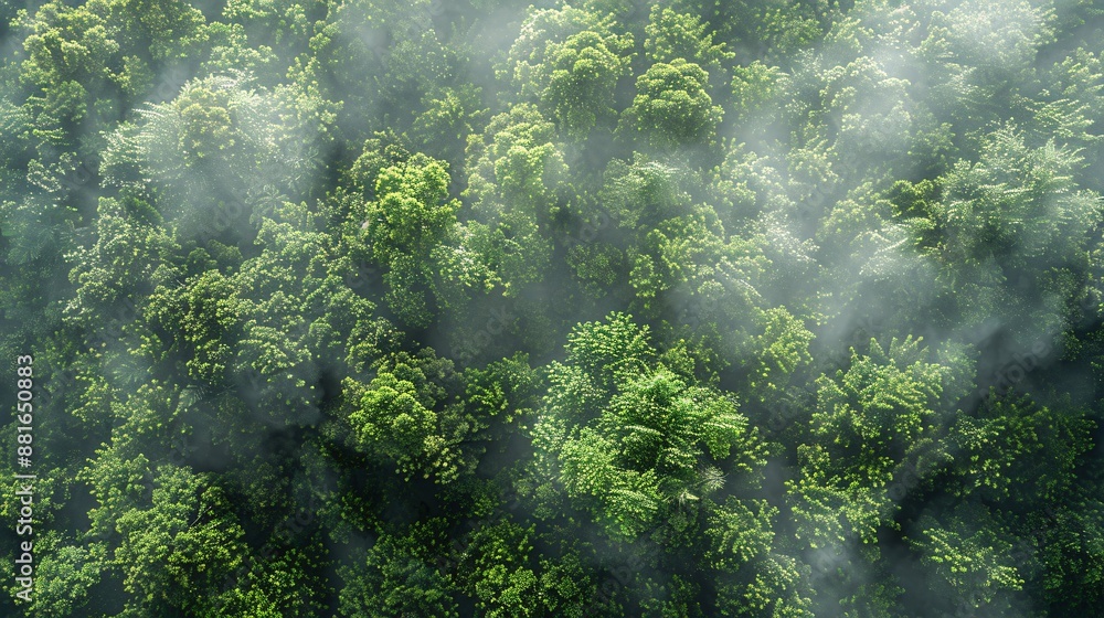 An aerial view of a lush forest canopy with transparent carbon dioxide ...