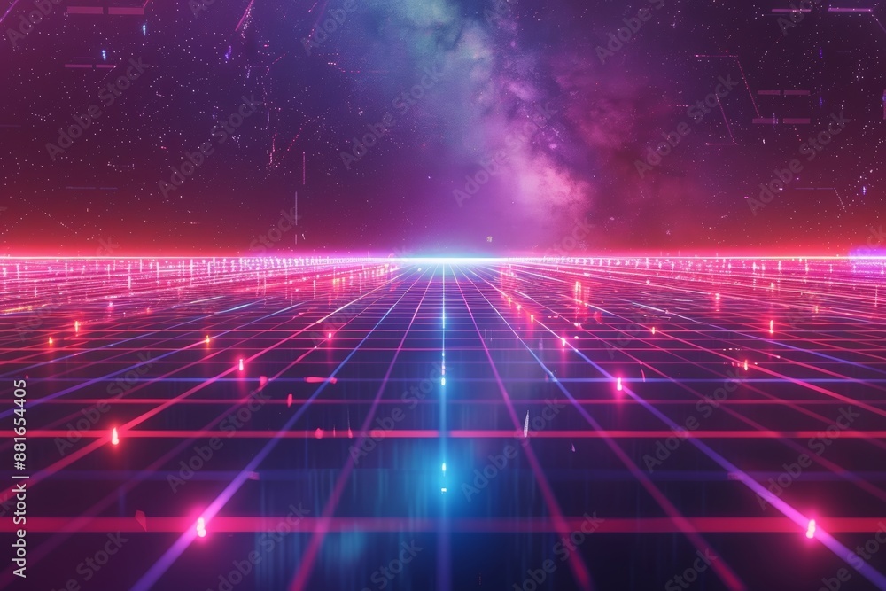 80s Retro Sci-Fi Background Futuristic Grid landscape. Digital cyber ...