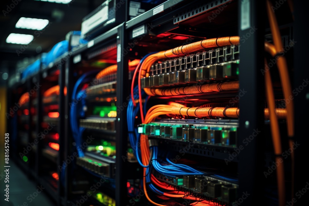 Data center with network servers and organized patch panel cables for ...