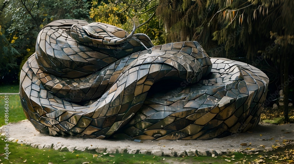 Monumental Stone Sculpture of Intertwining Giant Snakes Evoking Ancient ...