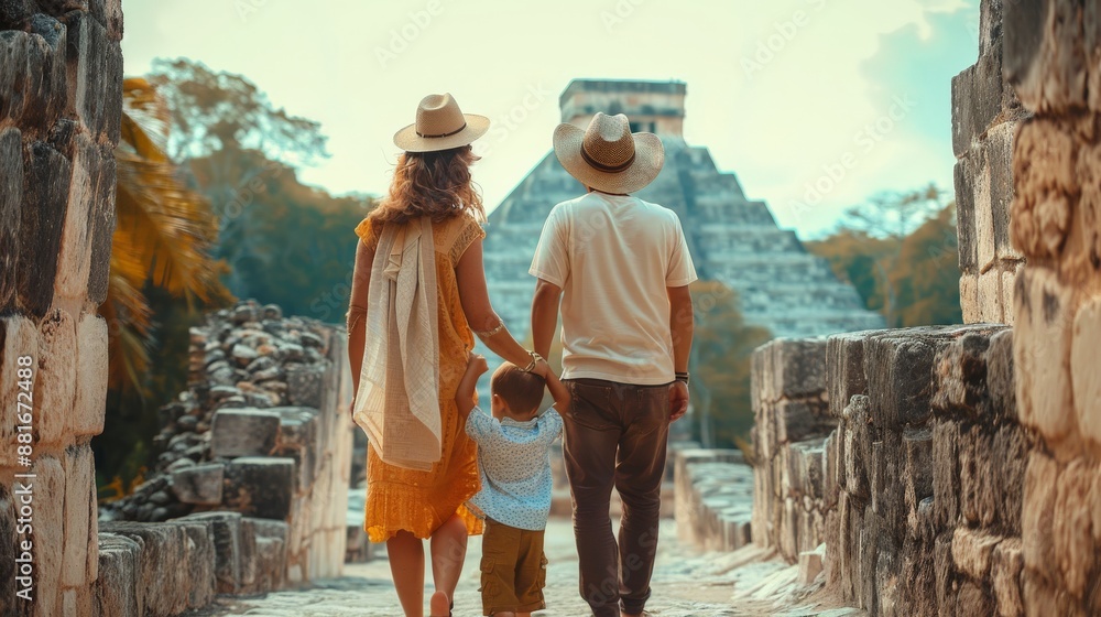 Family exploring the ancient Mayan ruins of Chichen Itza, learning ...