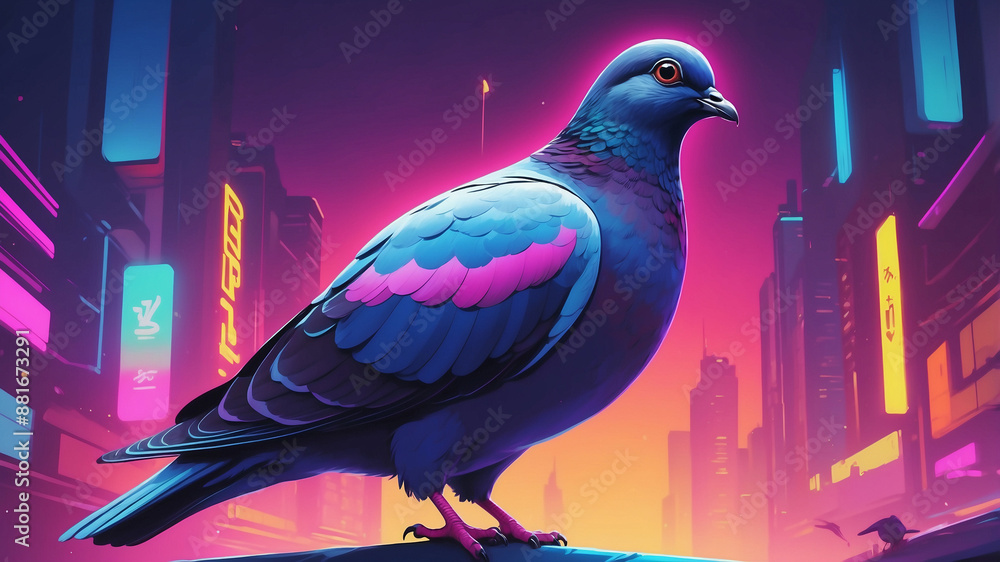 Synthwave blue and pink pigeon perches on ledge in futuristic city ...