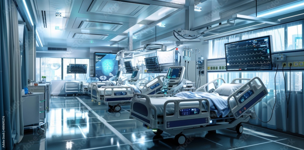 Intense hospital ICU with multiple medical monitors displaying vital ...