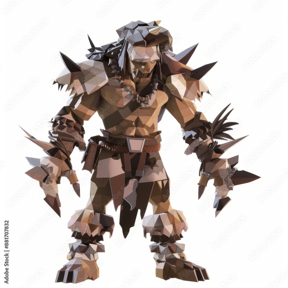 3D Render, Low Poly style of a feral raider with spiked armor and ...