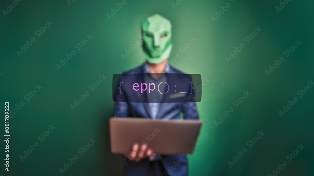 Cybersecurity concept epp on foreground screen, hacker silhouette hidden with low poly style ...