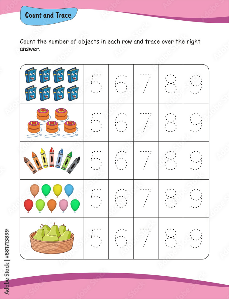 Count and trace number worksheet for kids. Counting 5 to 9, Numbers ...