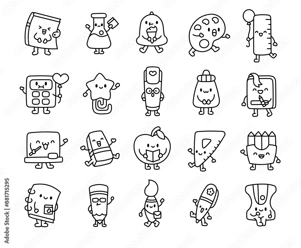 Cute kawaii school supplies. Coloring Page. Funny cartoon characters ...