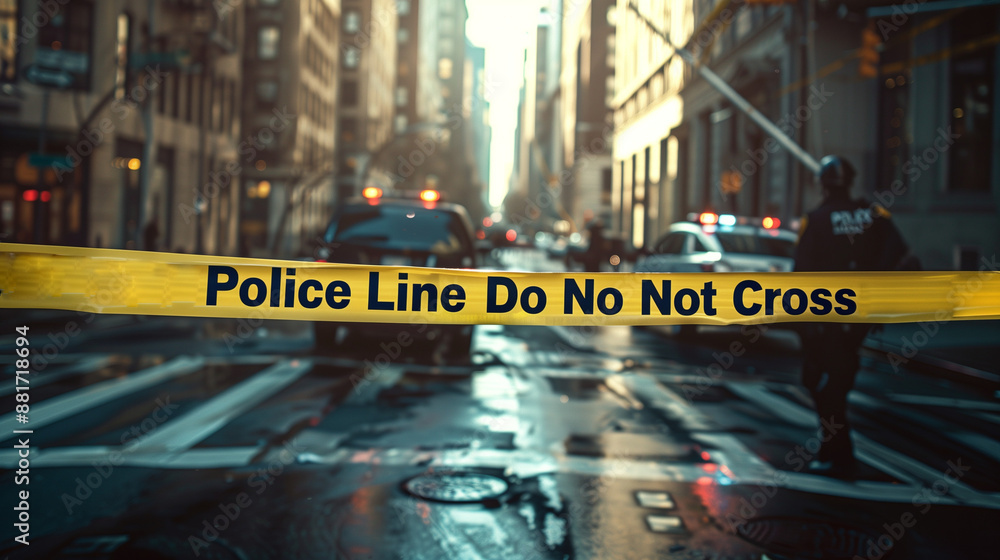 Crime scene with Police line do not cross on yellow tape with police ...