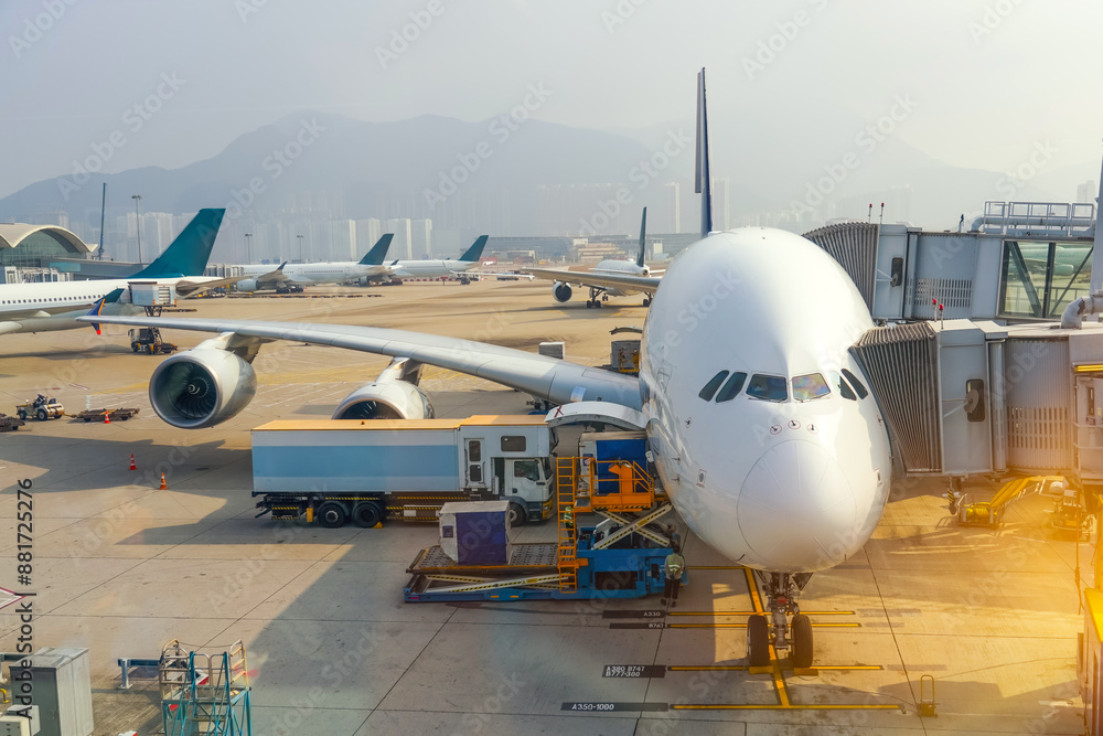 Passenger wide body double decker aircraft parked jet bridge against ...