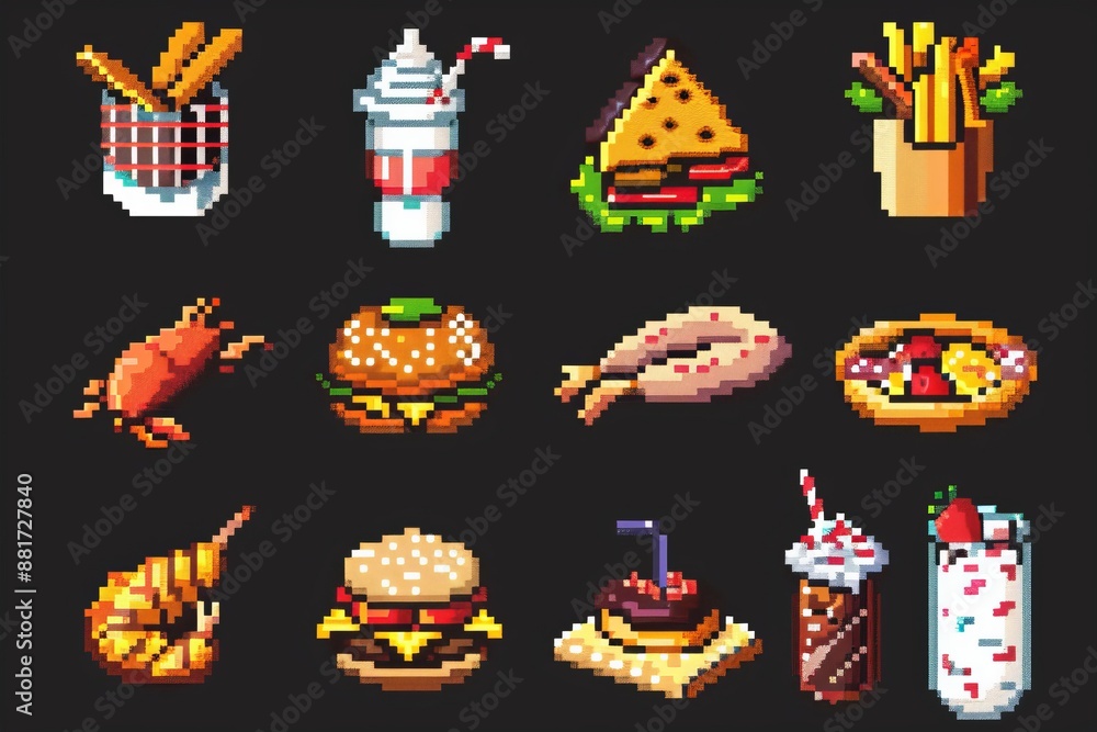 Food pixel art 80s style icons element design stickers, logo, menu ...