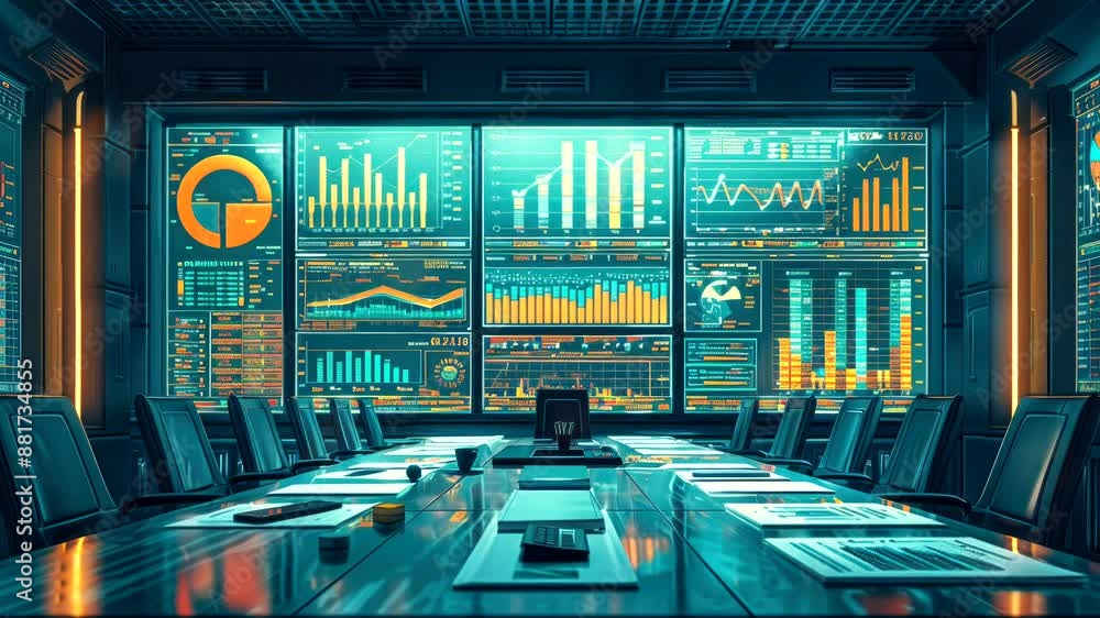 High-tech control room with multiple data screens displaying various charts and graphs Stock ...