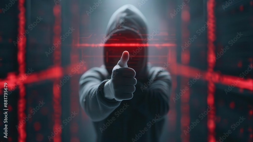 Hacker in a hoodie giving a thumbs-up with red matrix code background, symbolizing cybersecurity ...