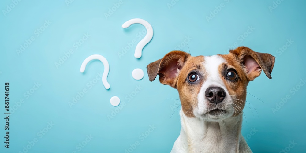 Curious dog with question marks on light blue background, dog, question ...