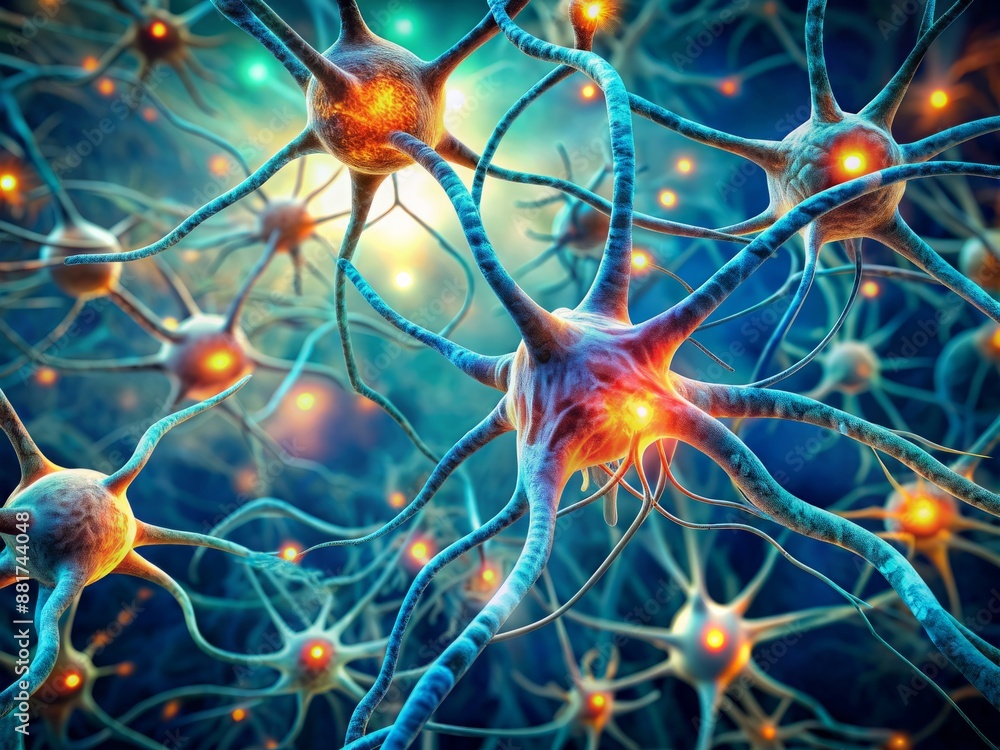 Microscopic illustration of nerve cells and neurons with synapses and ...
