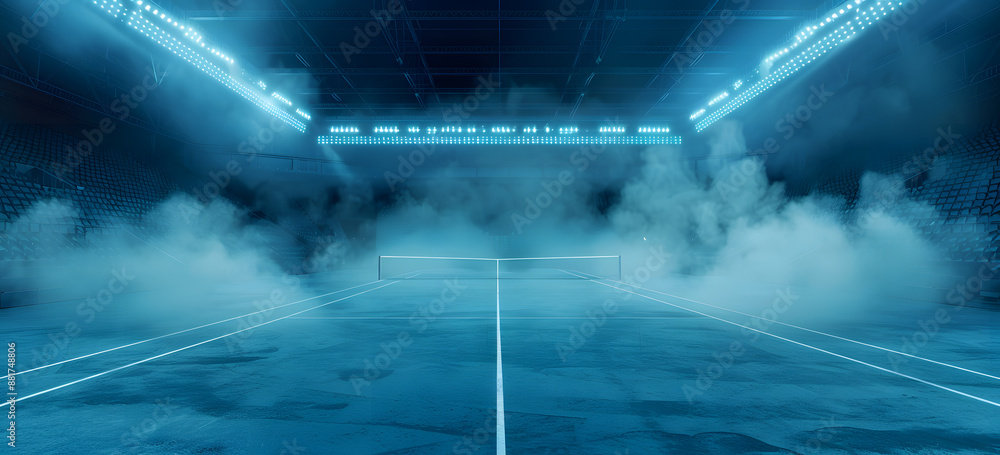 Professional tennis court, stadion, arena with dramatic steam or smoke ...