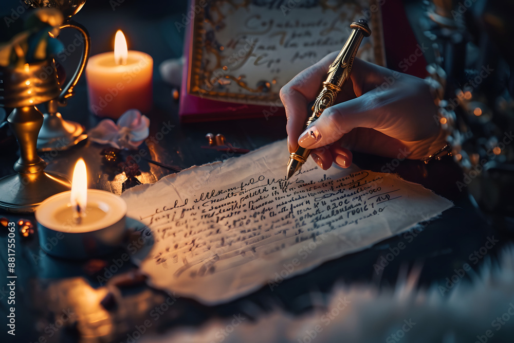 Female woman writing a note in a cursive handwriting with a fancy gold ...