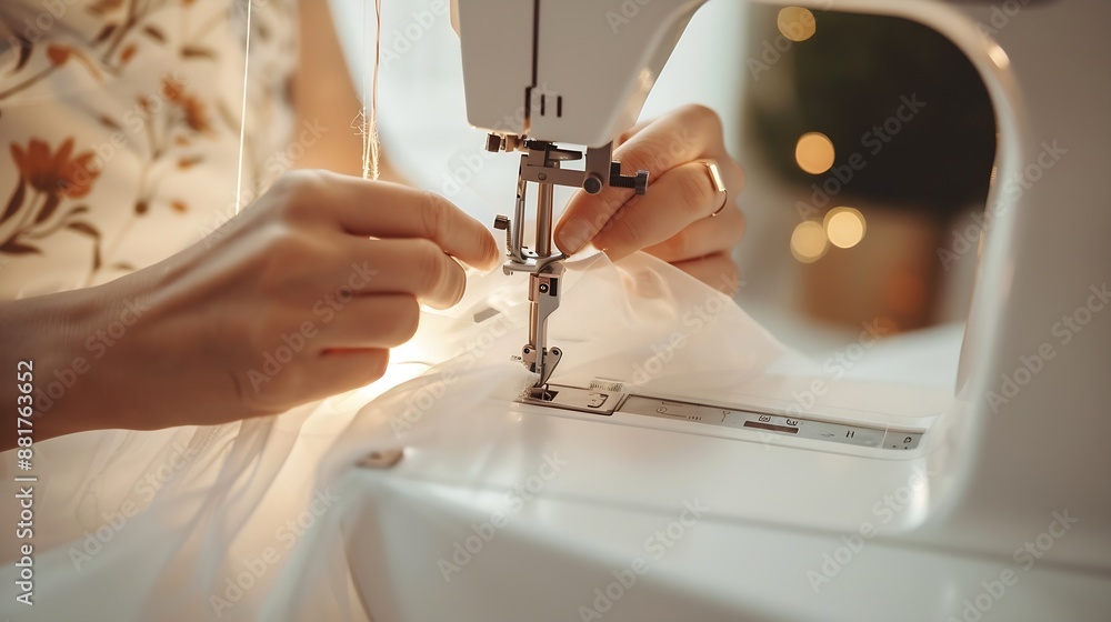 Woman hand close up sews tulle on electric sewing machine Filling the ...