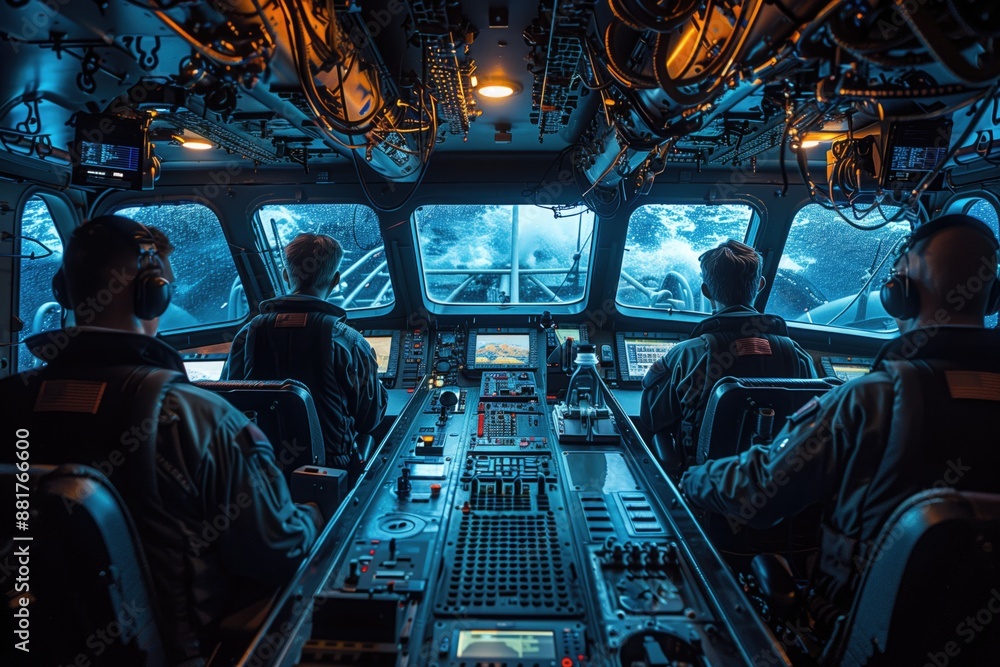 High-Tech Bridge: The command bridge of a modern warship, filled with ...