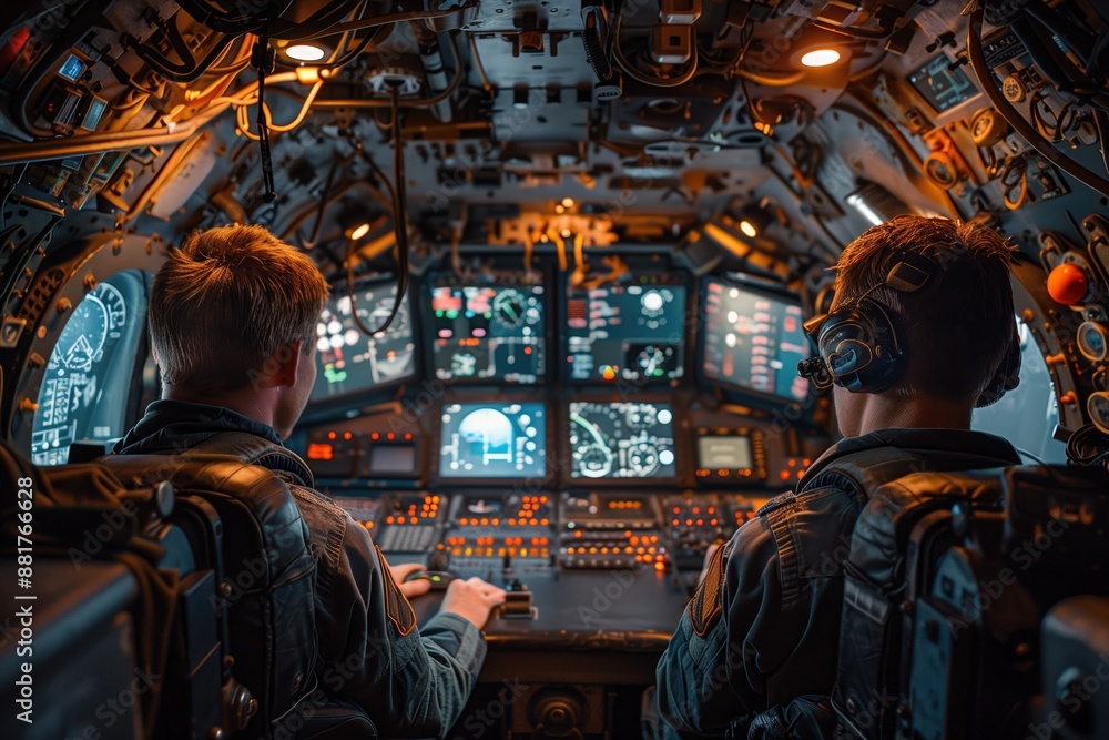 High-Tech Bridge: The command bridge of a modern warship, filled with ...