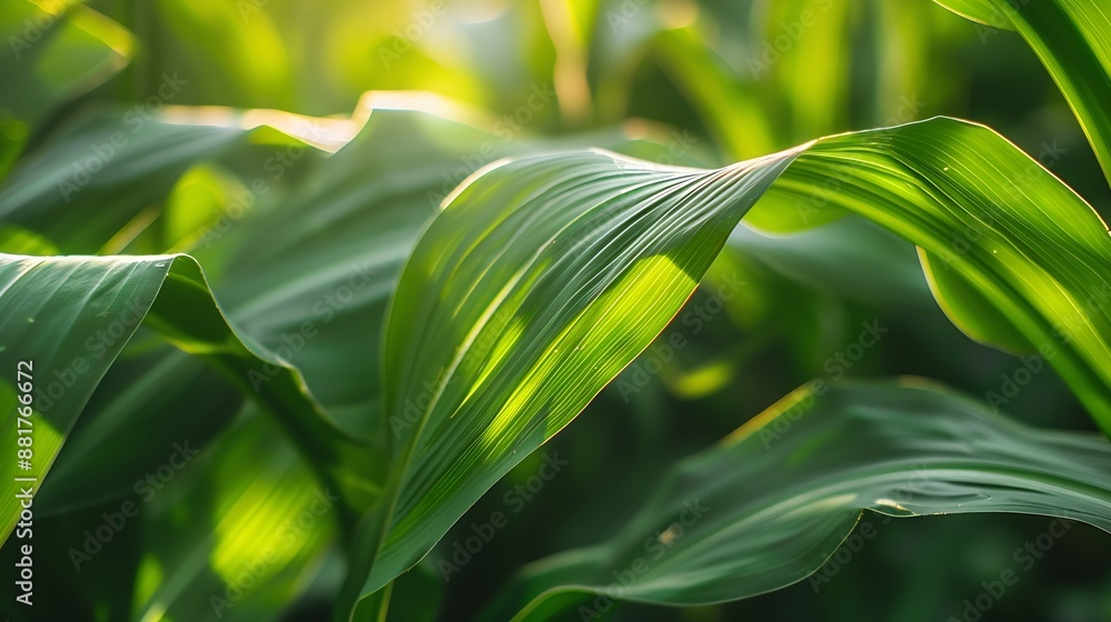 Green wavy leaf of corn Zea mays in the sun macro diagonally full face ...