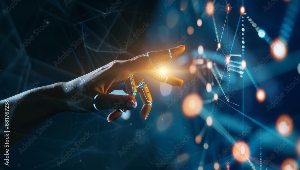 A human hand is reaching or pointing towards an AI robot's finger ...