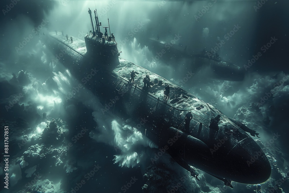 Submarine Encounter: A warship deploying depth charges or torpedoes in ...