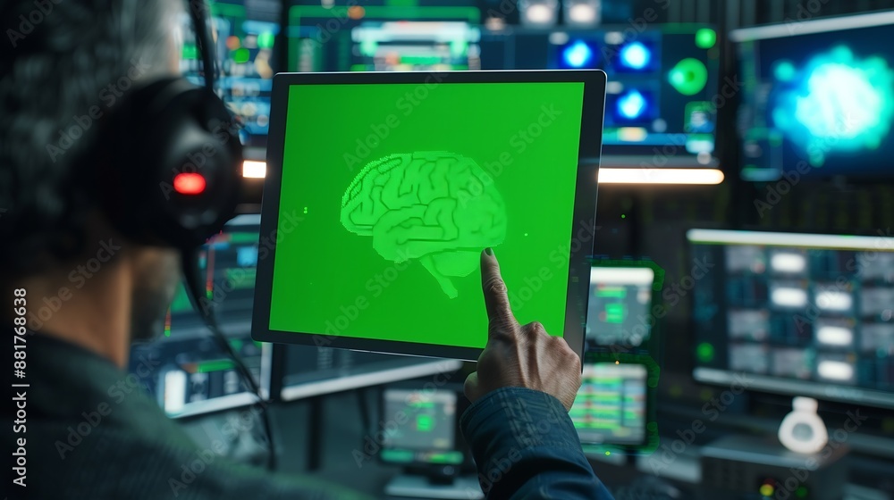 Developer Using Green Screen Tablet Updating Artificial Intelligence Machine Learning Algorithm