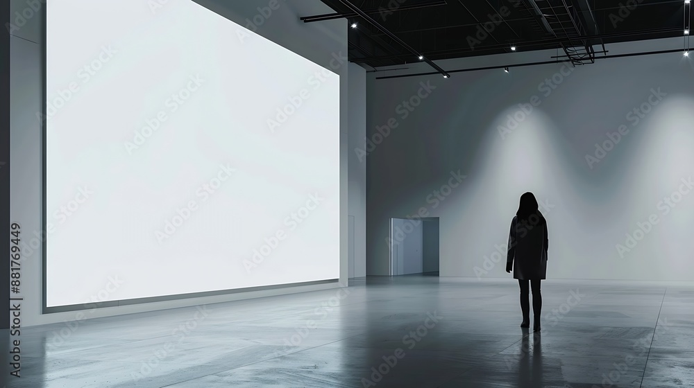 Empty big hall wall mockup Woman walk in museum gallery with blank wall ...