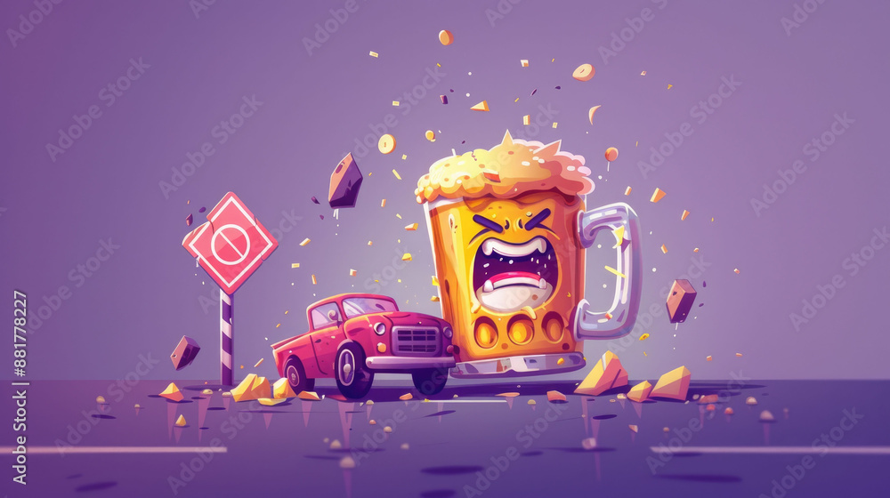 Illustration of animated angry beer mug smashing car near stop sign ...