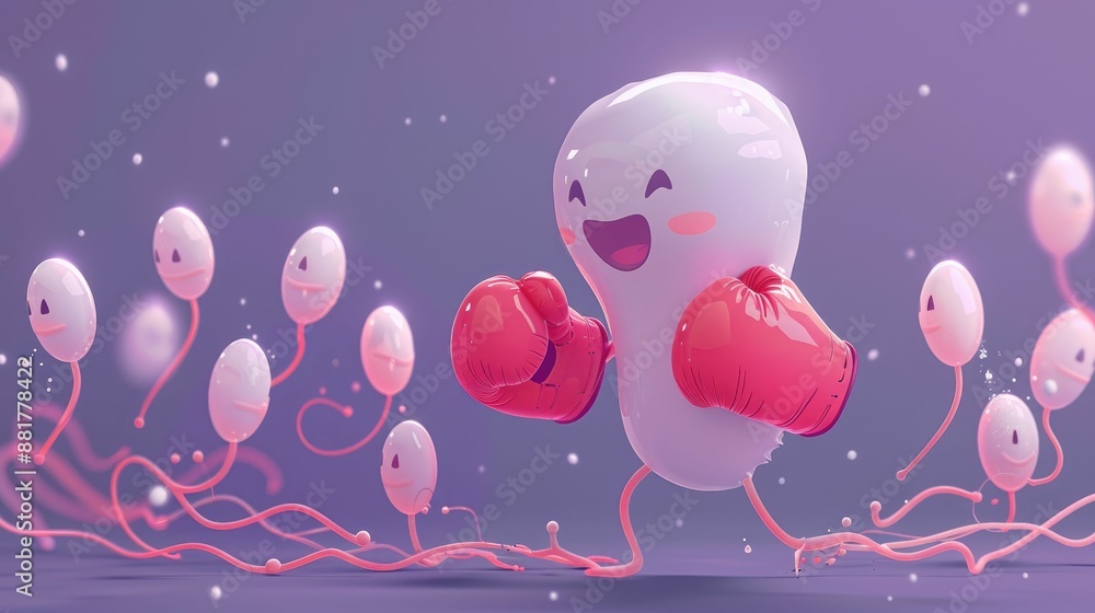 Cute animated egg with boxing gloves surrounded by sperm on a purple ...