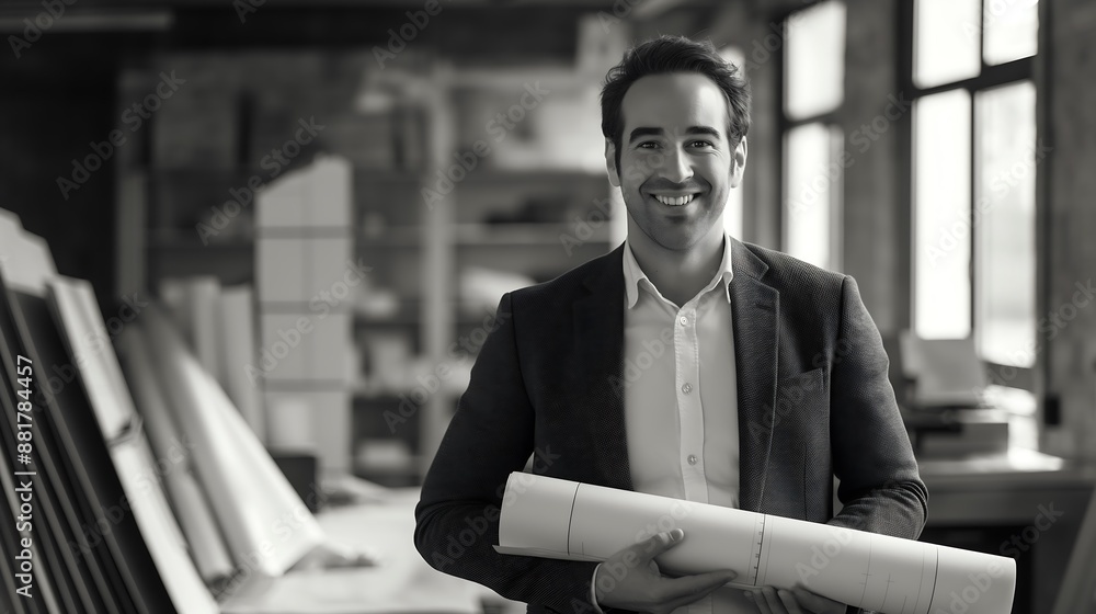 Male architect confidently holding blueprints in front of a workbench ...