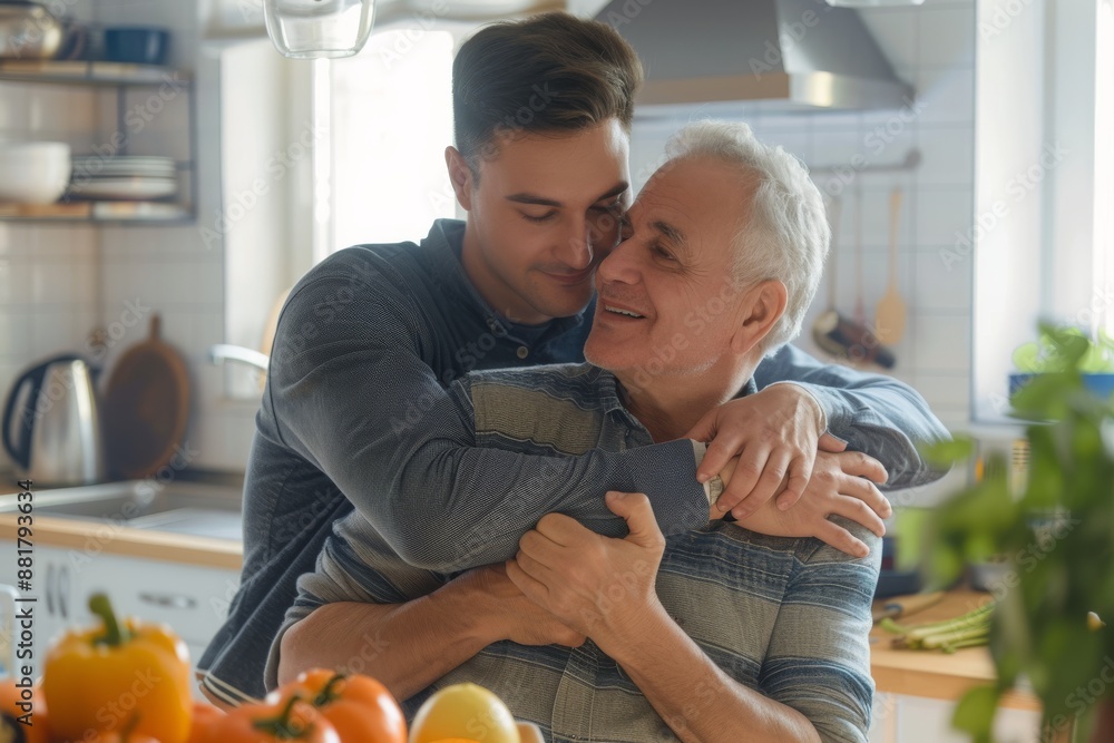Cute loving caring adult caucasian son embracing hugging his old ...