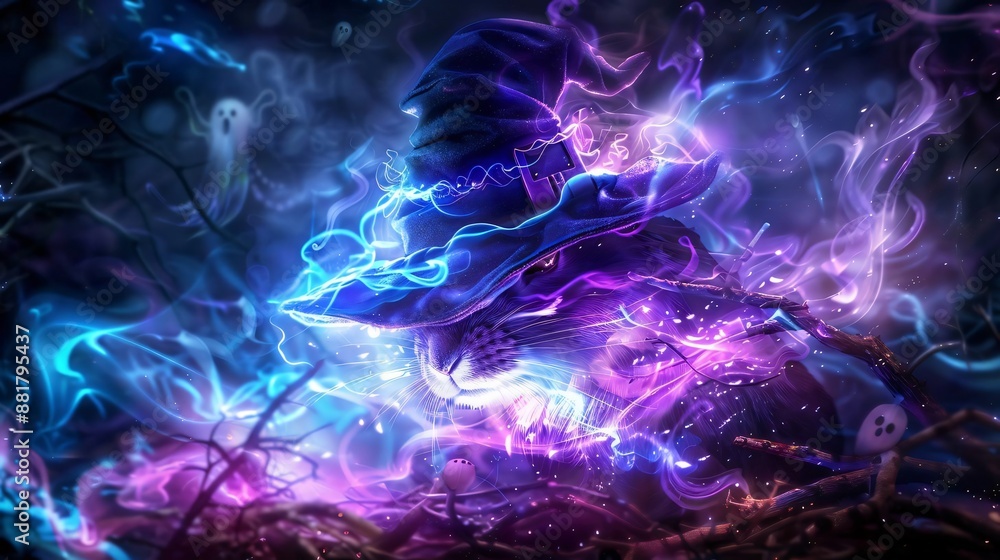 Magical mystical scene with a wizard hat, glowing lights, and ...