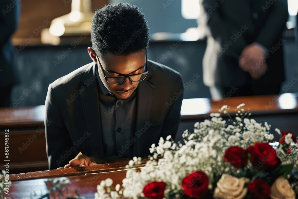 Funeral coffin, death and black man sad, grieving and mourning loss of ...