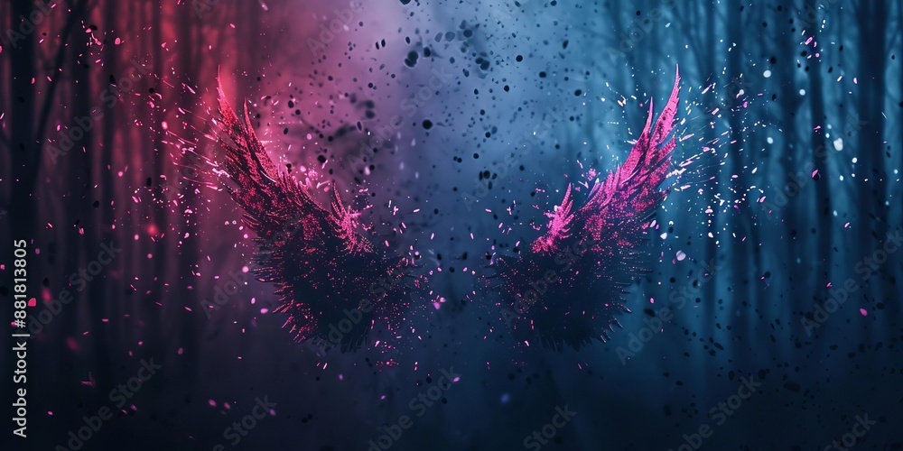 Ethereal digital artwork of glowing pink and blue angel wings in a ...