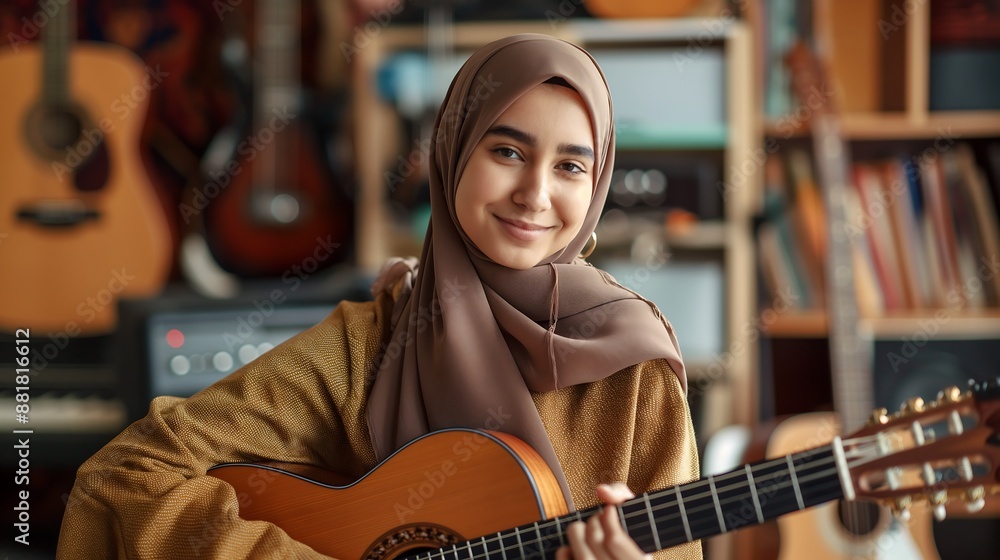 Talented female musician wearing a hijab holds her guitar in a music ...