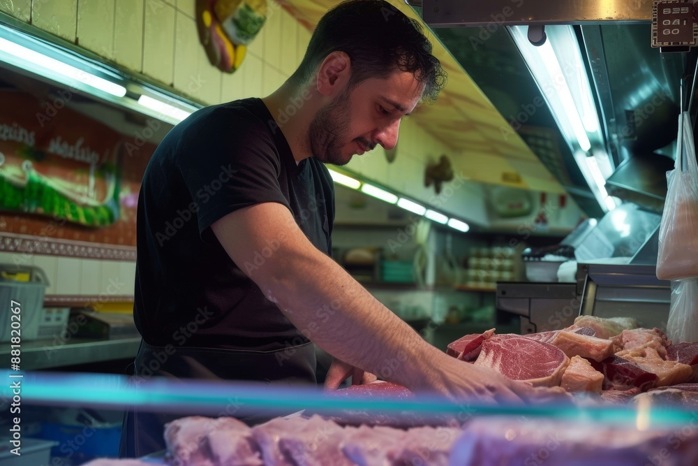 A Spanish butcher from a neighborhood butcher shop selects a meat from ...