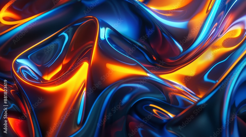 Abstract chrome liquid metal is flowing and reflecting orange and blue ...