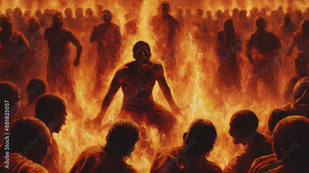 A painting of hell of suffering and eternal damnation. partially ...