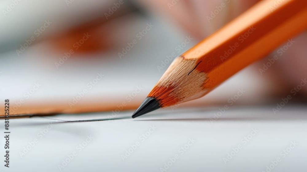 The image showcases a close-up of an orange pencil drawing a precise ...