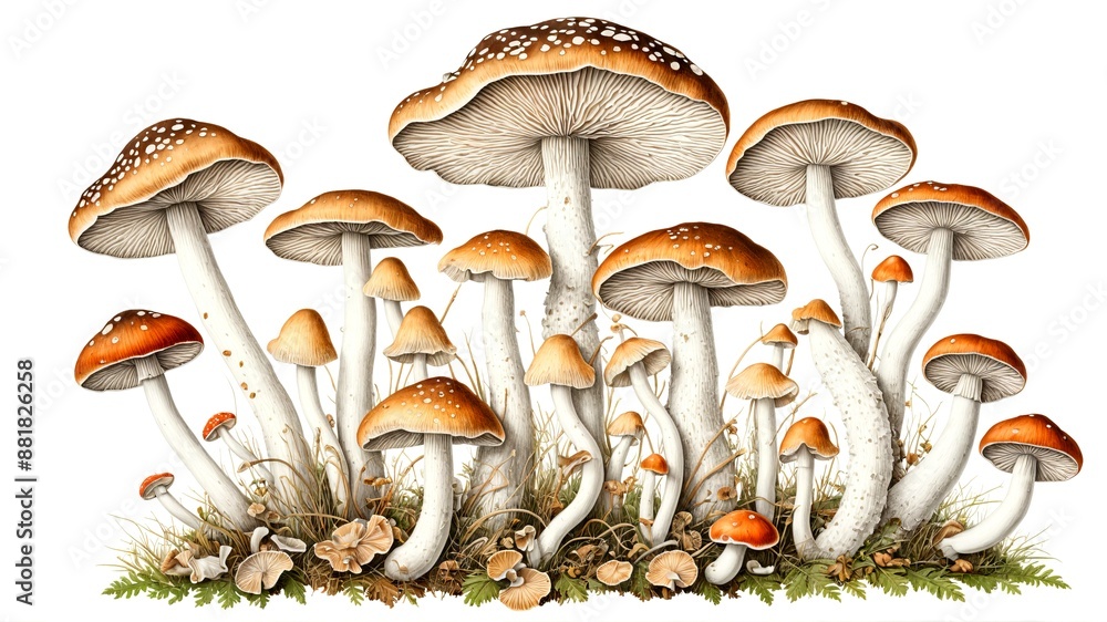 Detailed drawing of a cluster of mushrooms, showcasing the diversity of ...