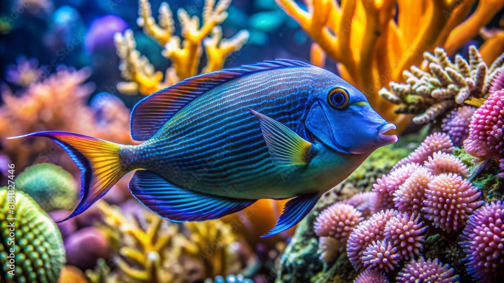 Vibrant Bluespine Unicorn Tang swims solo in a sprawling aquarium, its ...