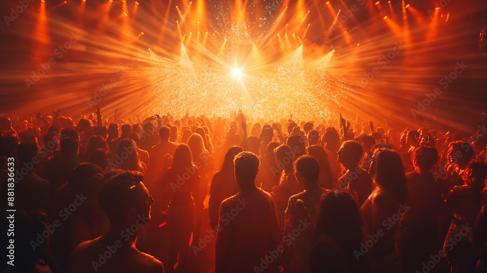 Concert spectators in front of a bright stage with live music. Concert ...